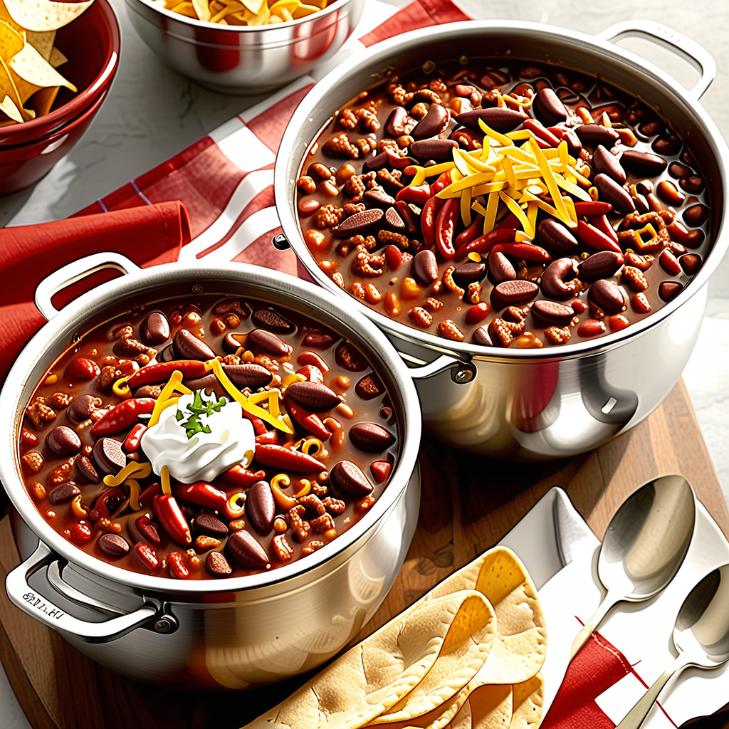 Delicious Homemade Chili Served in Stylish Pots with Toppings and Sides