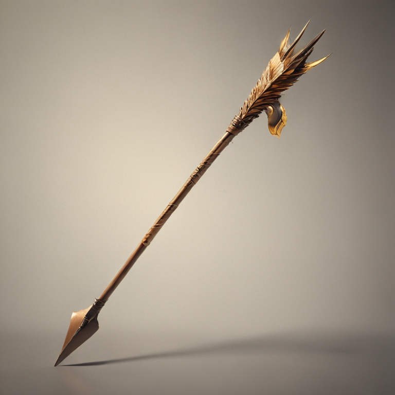 Intricately Designed Golden Arrow with Feathered Fletching and Sharp Point