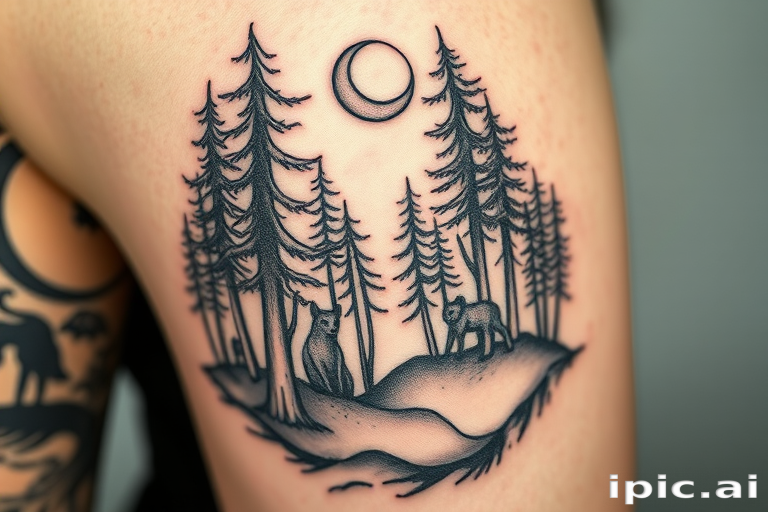 Intricate Forest Landscape Tattoo Featuring Two Bears Under a Crescent Moon