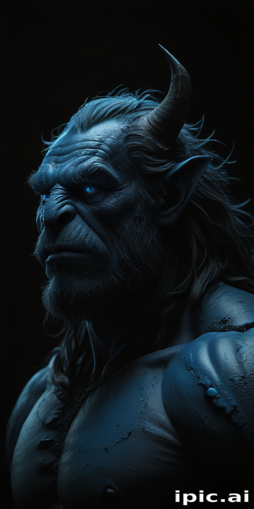 Majestic Blue Creature with Horns and Intense Gaze Against Dark Background