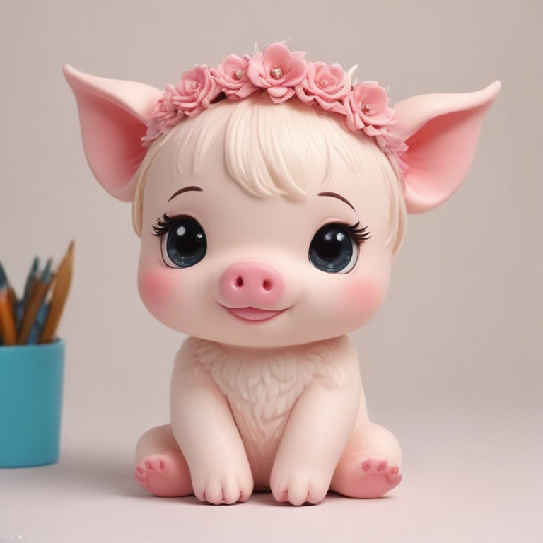 cute kawaii pig with flowercrown sitting anime drawing chibi