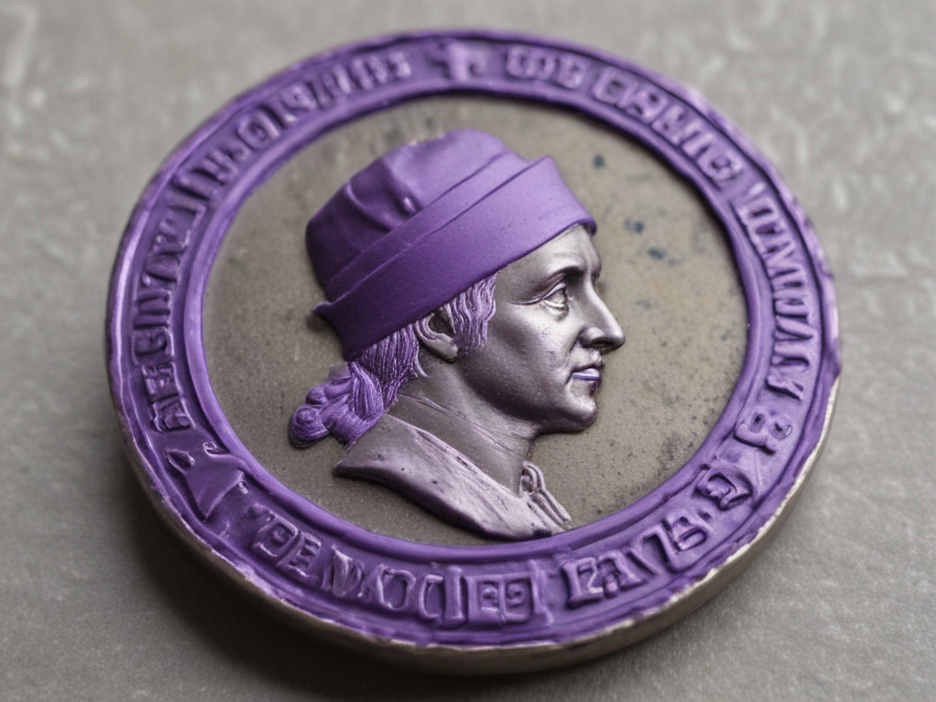 A purple coin with a purple hat badge with the name DEGEN