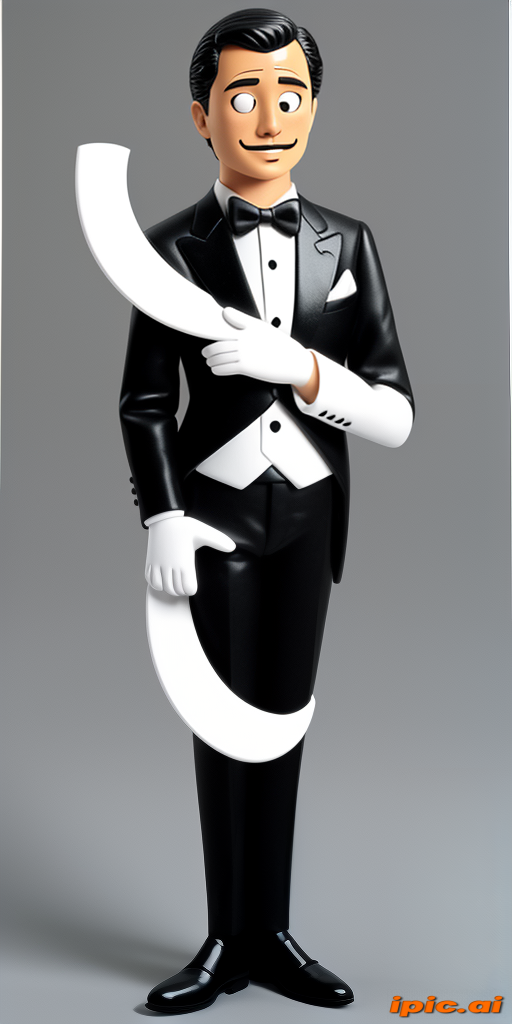 A Charming Animated Character in Formal Attire Holding a Curved Object.