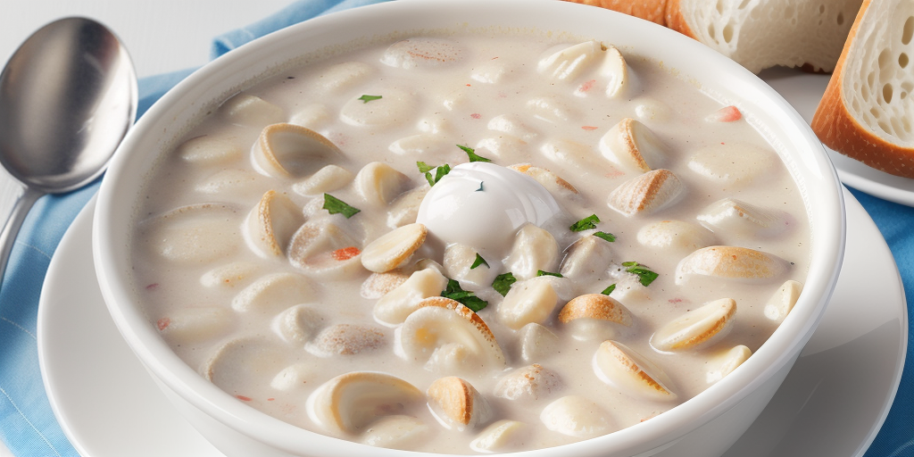 Delicious Creamy Clam Chowder Served with Fresh Bread on the Side.