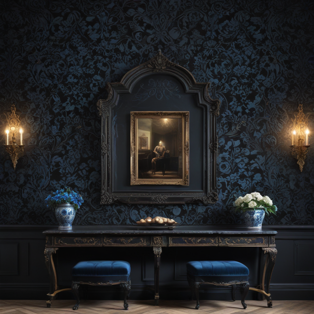 Elegant Dark Room with Floral Accents and Classic Artwork Displayed