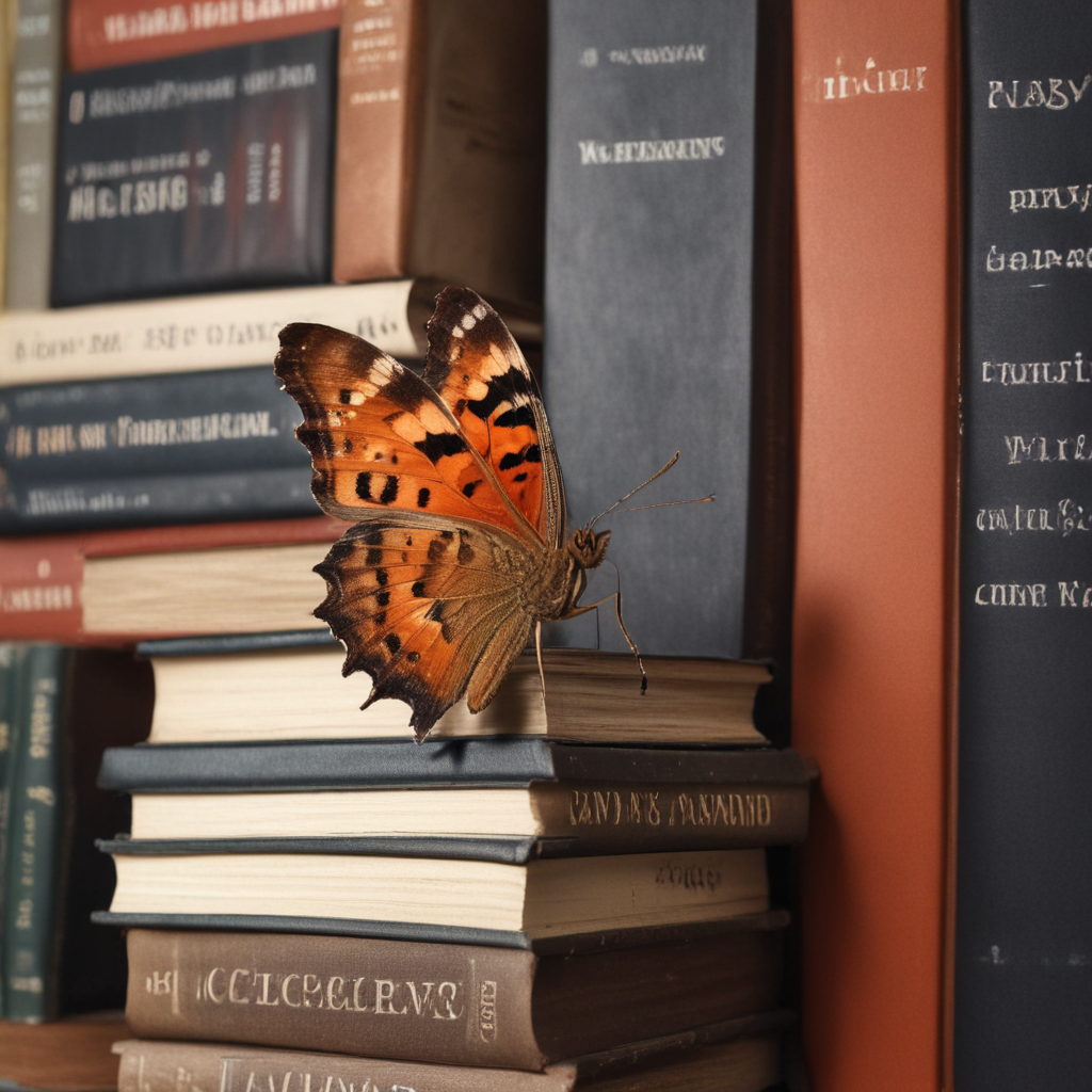 a giant Comma in front of books