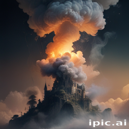 Majestic Castle Erupts in Fiery Explosion Against a Dramatic Sky
