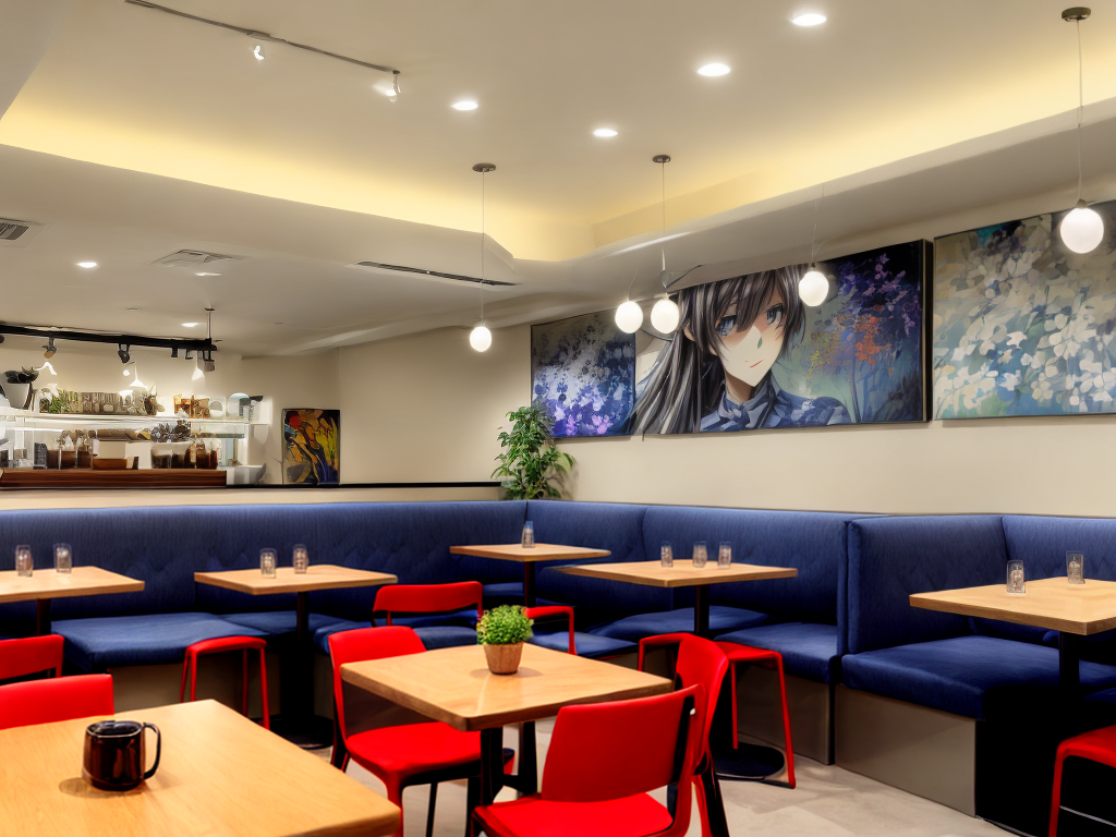 the interior of a cafe in painted anime art style