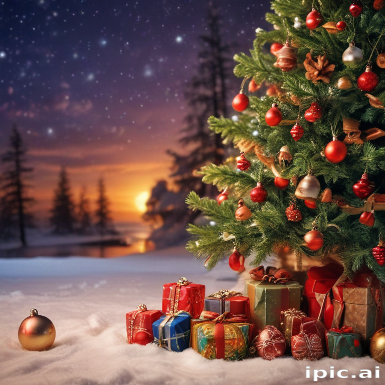 Charming Winter Scene with a Decorated Christmas Tree and Colorful Gifts