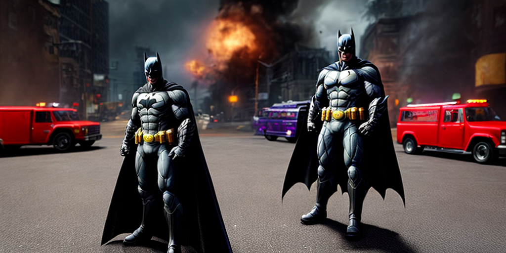 batman standing in a restaurant in the past with a firetruck, realistic ...