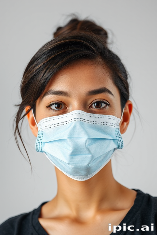 Young Woman Wearing a Blue Face Mask Against a Neutral Background