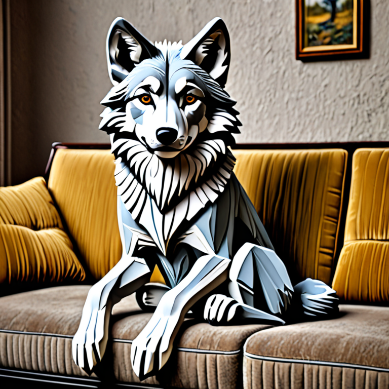 realistic anthro wolf sitting on a couch