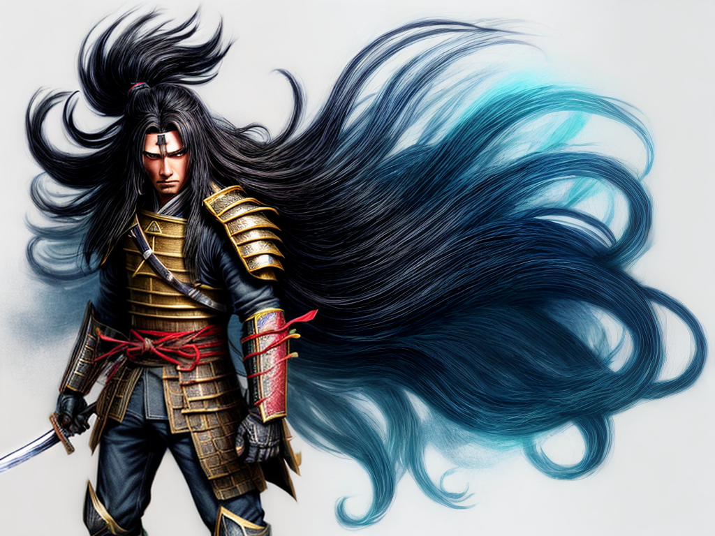 A long-haired, night-black anime-style samurai ninja with a shadowy sword