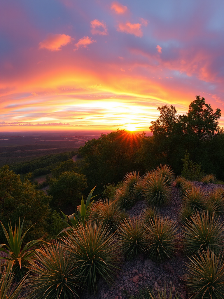 Stunning Sunset Over Rolling Hills with Vibrant Colors and Lush Vegetation