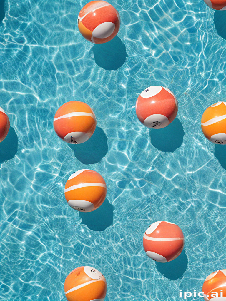 Colorful Pool Balls Floating on a Sparkling Blue Water Surface in Summer.