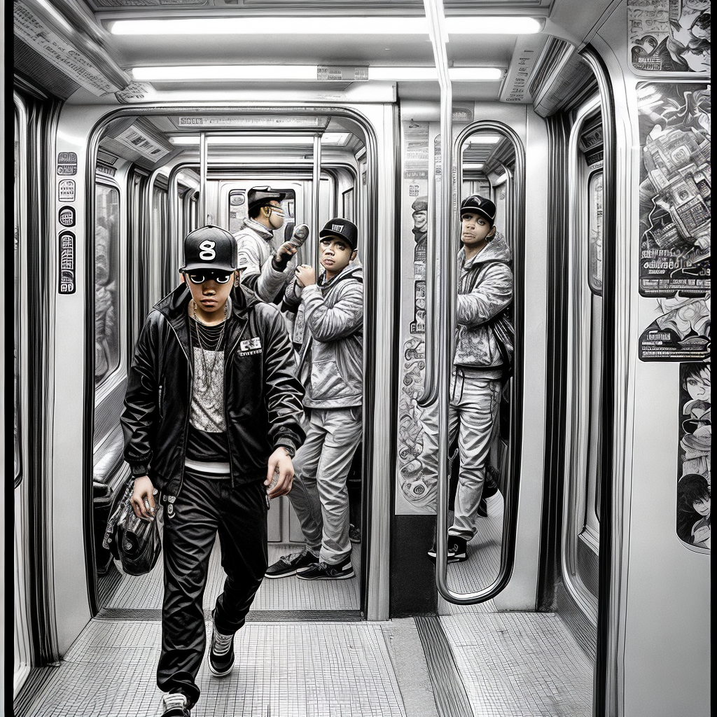 The ASIAN rapper IS GOING TO INSIDE OF subway train. COMIC BOOK. SKETCH ...
