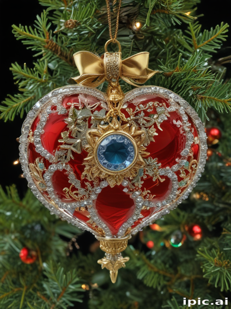 Elegant Red and Gold Heart-Shaped Ornament Adorning a Christmas Tree