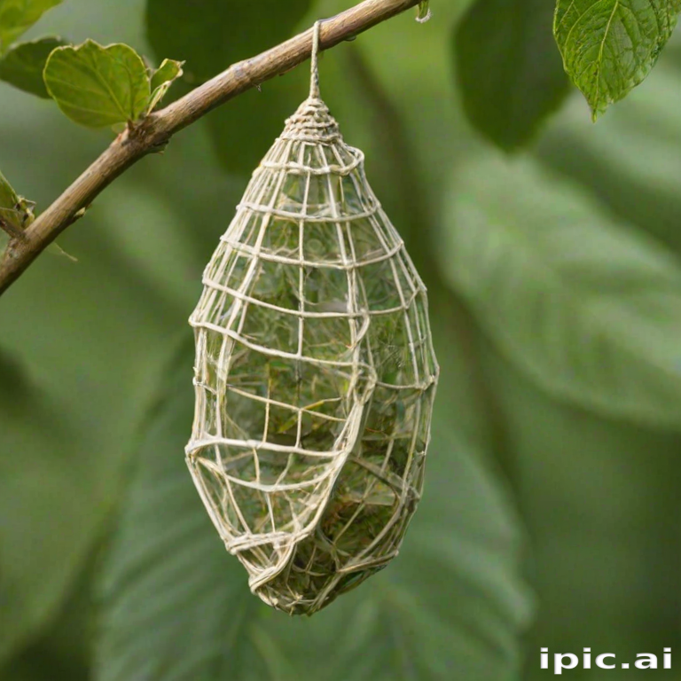 A Unique Nature Scene Featuring a Delicate Cocoon Suspended from a Branch.