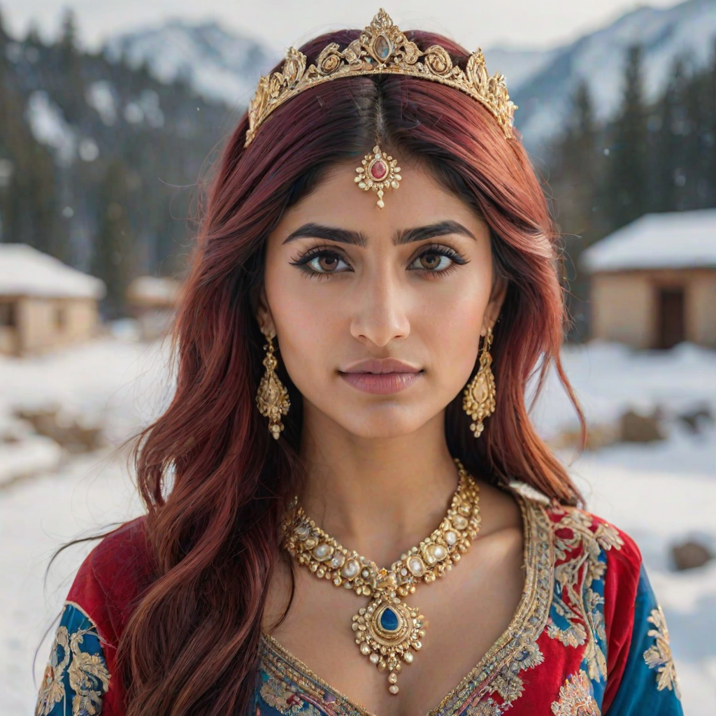 Elegant Woman in Traditional Attire with Royal Jewelry Against Snowy ...