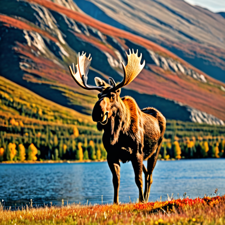 iconic realistic moose on a field near the fjord with the background of ...