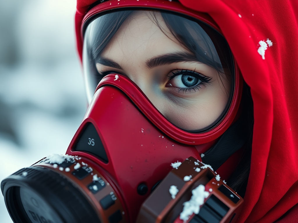 Girl in Red Hoodie and Gas Mask Amidst a Snowy Landscape