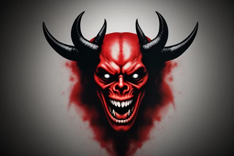 Fierce Red Demon Head with Sharp Horns and Intimidating Grin