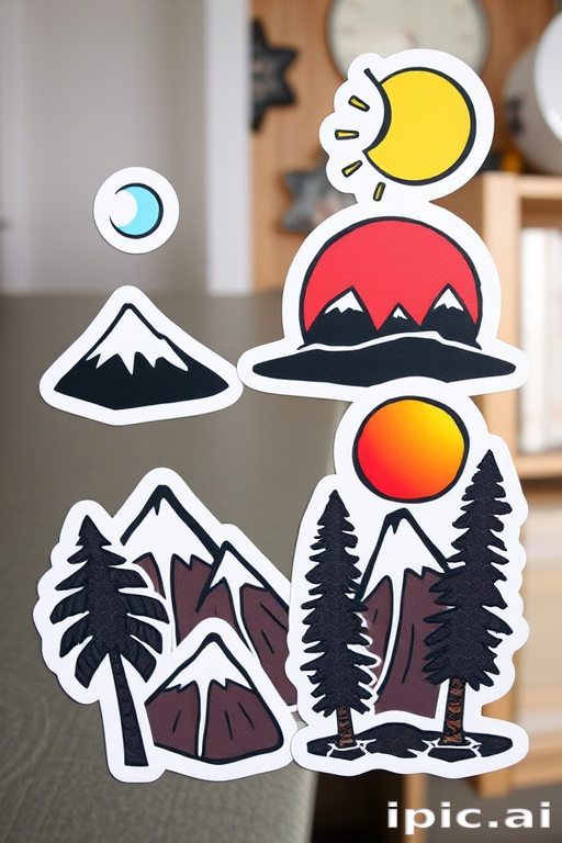 Colorful Nature-Themed Stickers Featuring Mountains, Sun, and Trees ...