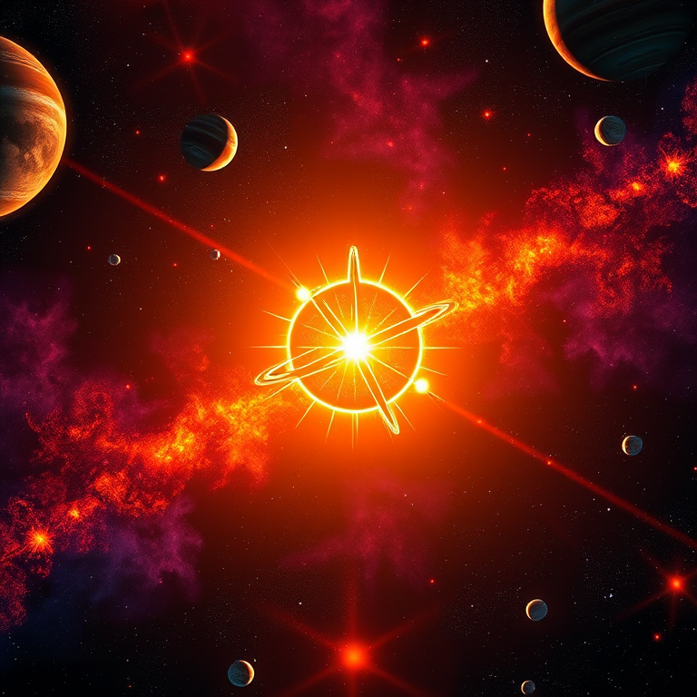 Cosmic Dance of Celestial Bodies Amidst a Vibrant Stellar Nebula