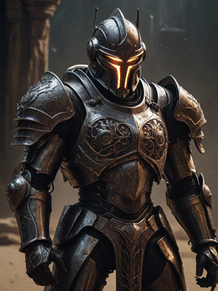 Imposing Knight in Intricate Armor with Glowing Eyes in Ancient Ruins.
