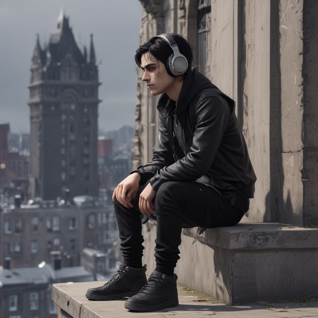 Animated, A goth dude sitting alone on the edge of a building, wearing ...