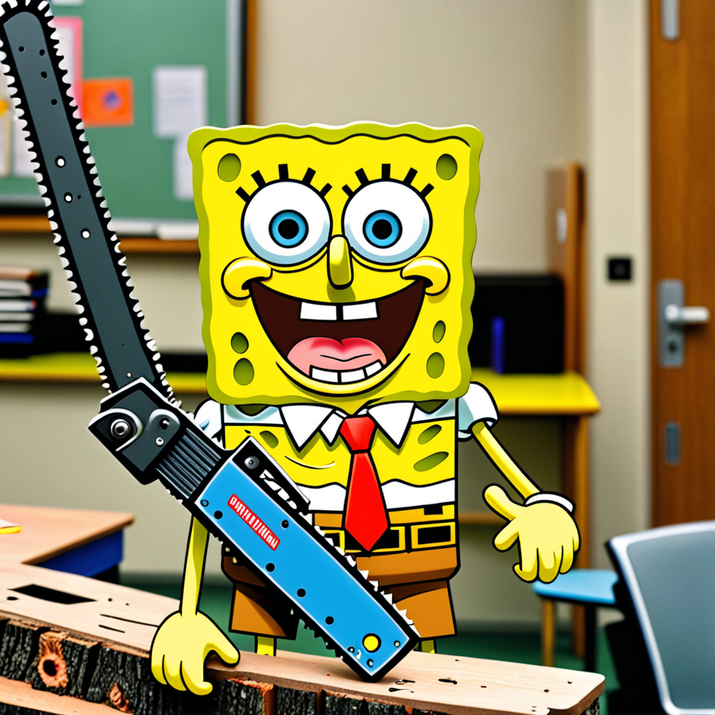 spongebob with a chainsaw at school while they look at him