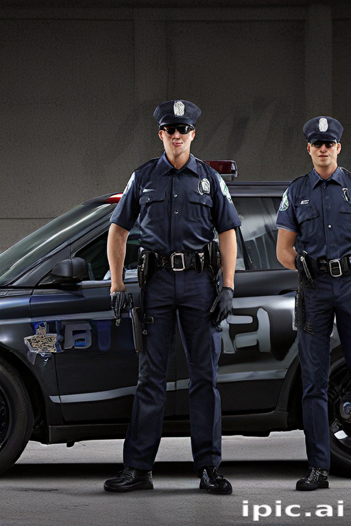 Two Police Officers Standing Proudly in Front of Their Patrol Car