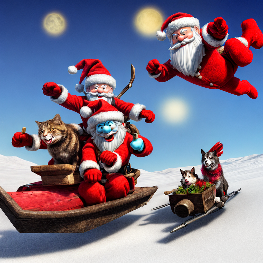Santa with claws and fangs and angel with demons pulling sled