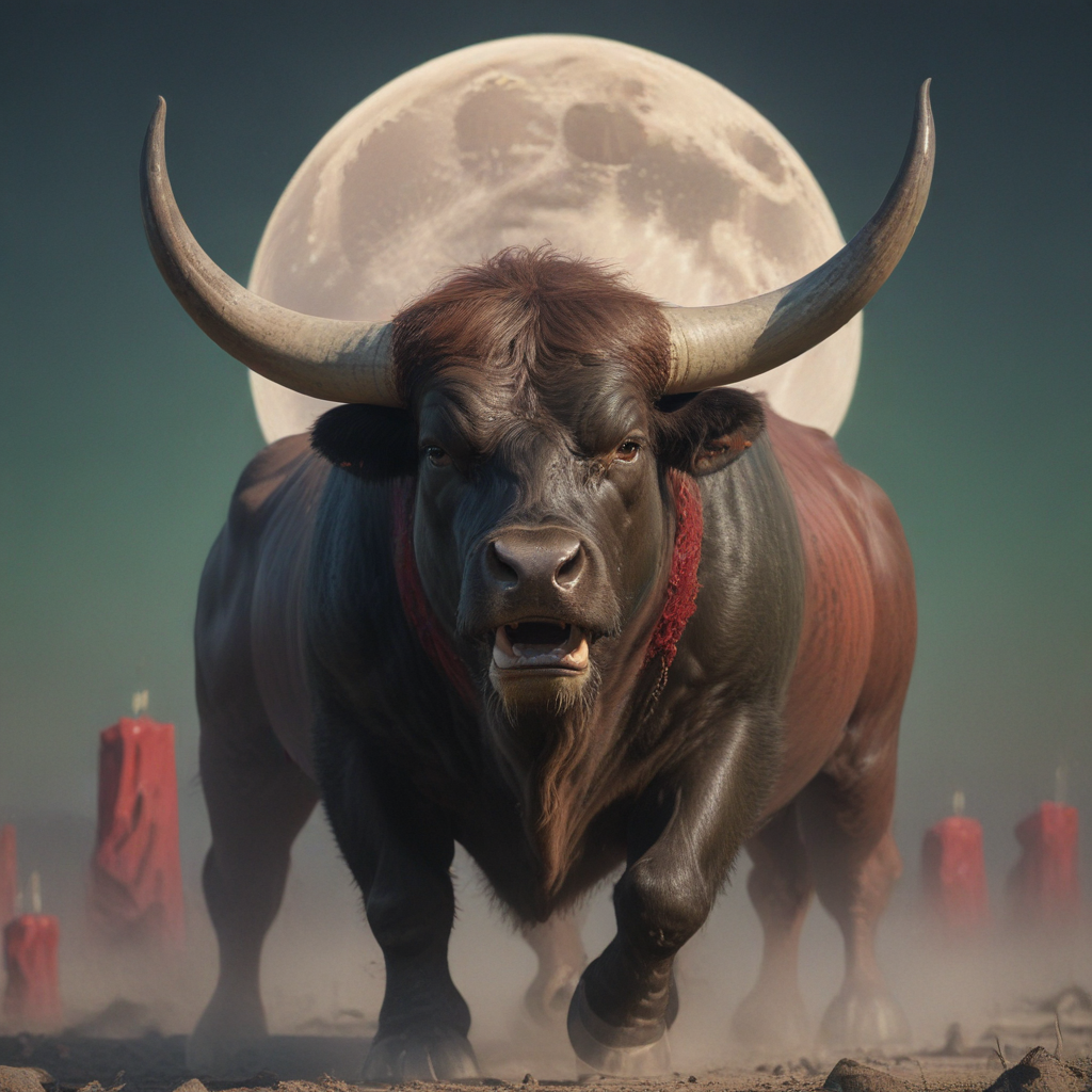 angry bull with crimson red skin,big green candles behind him and the ...