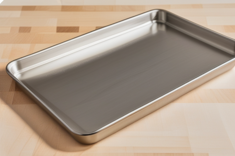 A Shiny Stainless Steel Baking Tray Placed on a Wooden Surface.