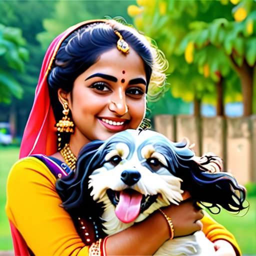 a happy bubbly Punjabi sikh girl with medium curly hairs hug her dog ...