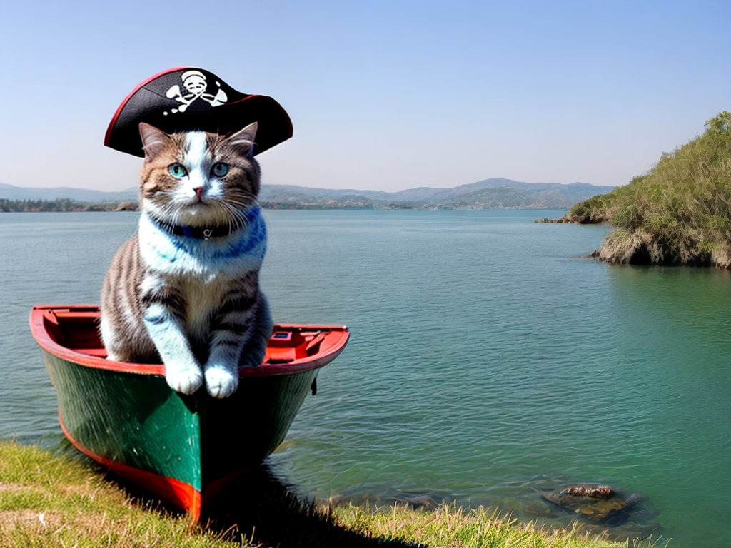 Cat in a pirate hat on a boat
