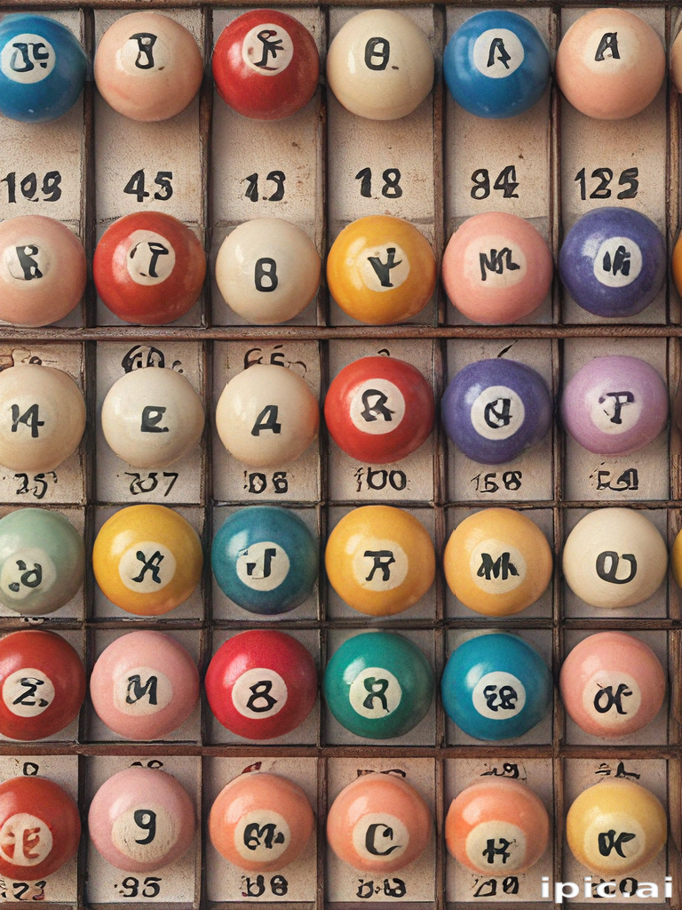 Colorful Vintage Bingo Balls Organized in a Wooden Display Rack