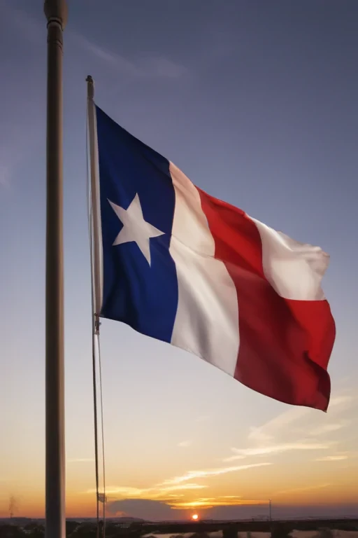 Texas Flag Waves Majestically Against a Stunning Sunset Sky Background