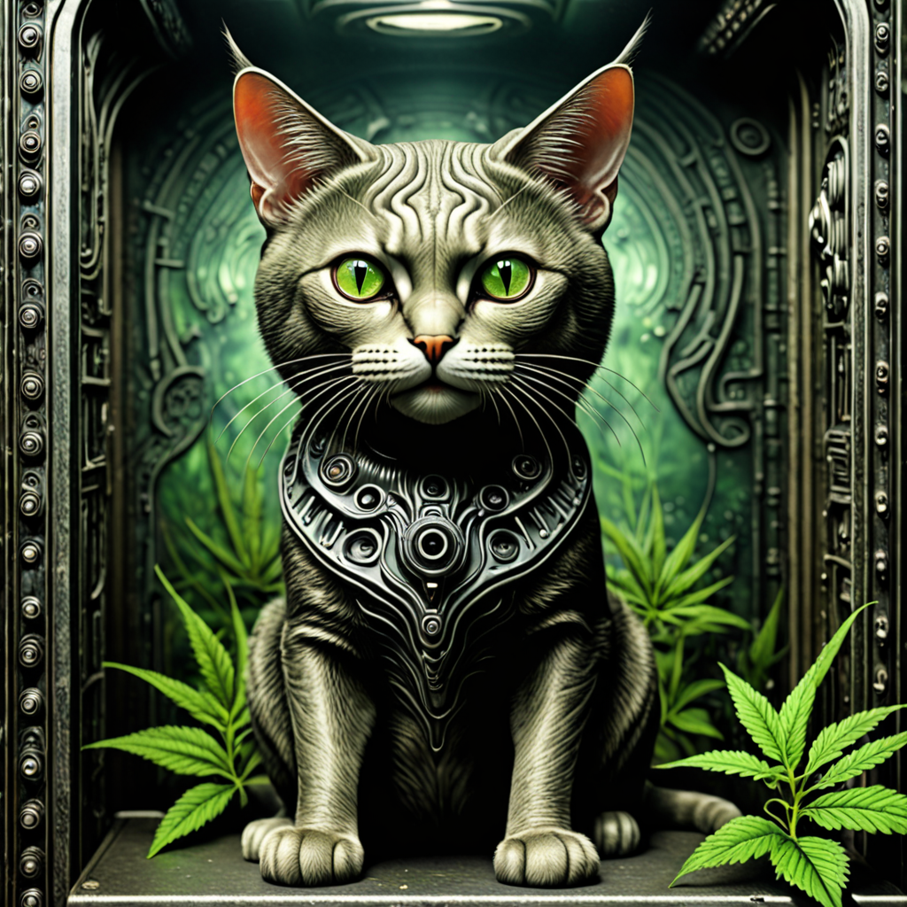 a cat, high on weed, H.R. Giger style, high res