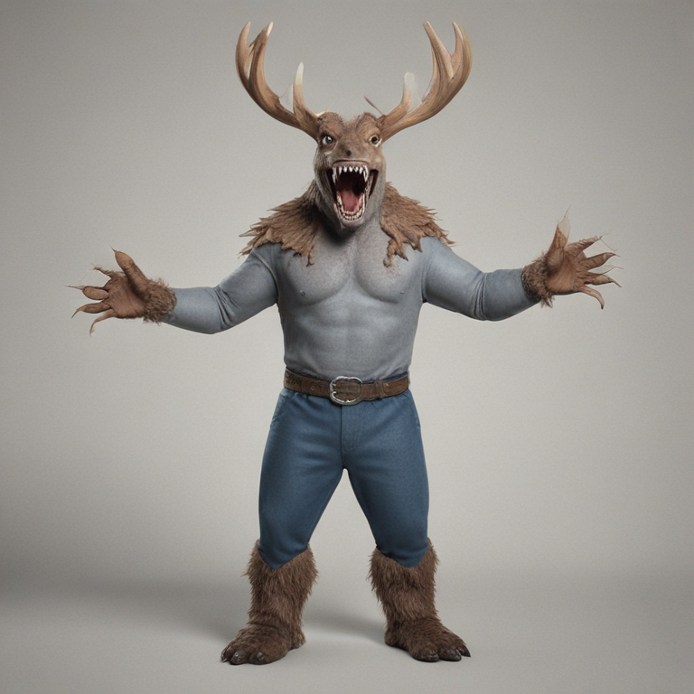 create a full body creature with a shark face and mouth, moose antlers ...