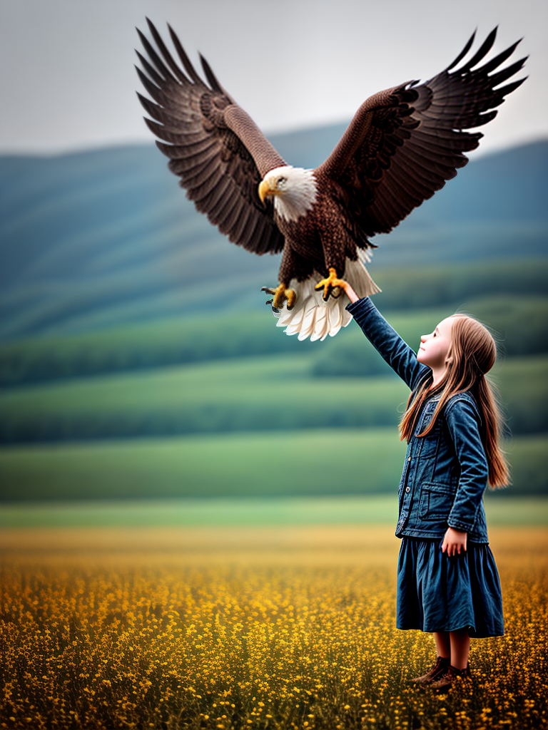 girl an eagle in her hand in a field, ultra realistic image with camera ...