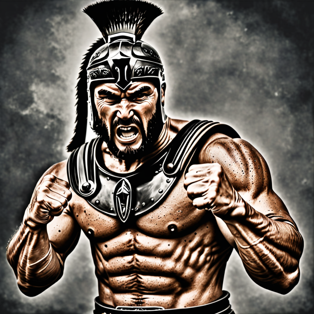 realistic portrait of an ancient Spartan Warrior showing his fists