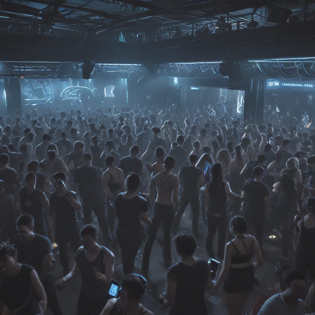 nightclub, dance floor, people dancing, cyberpunk