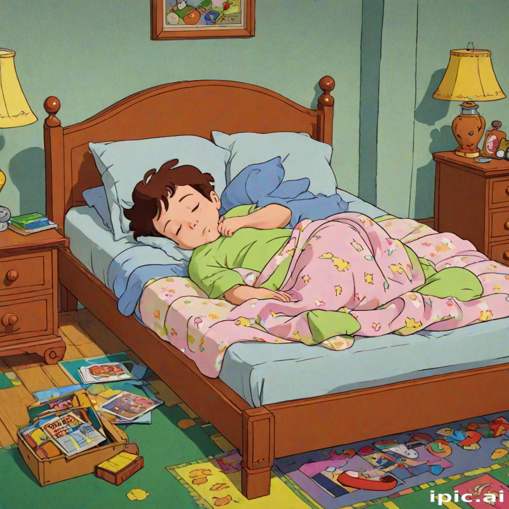 Cozy Bedroom Scene of a Young Boy Soundly Sleeping Among Toys
