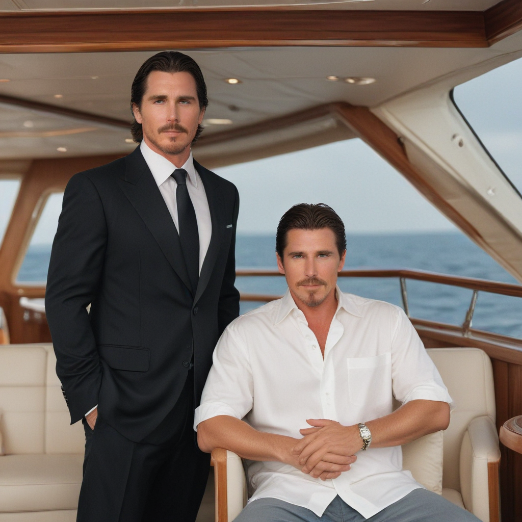 Christian bale as bruce wayne,inside a luxury yacht,