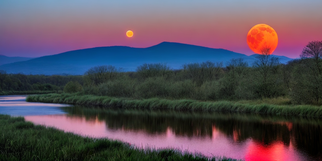 a red moon reflected in a landscape with a river in the middle