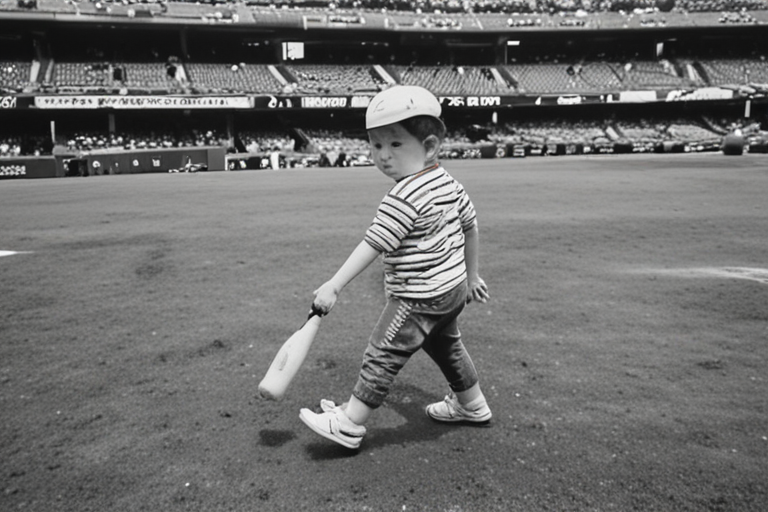 Toddler playing baseball at Yankee Stadium