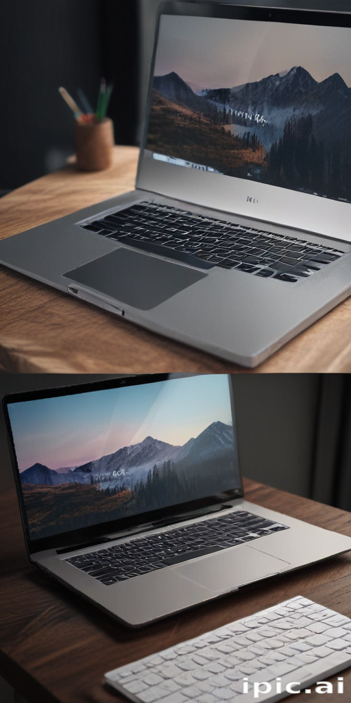 Stylish Laptop Displaying Scenic Mountain View on a Wooden Table