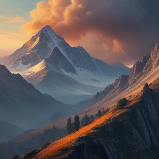 Breathtaking Mountain Landscape at Dusk with Dramatic Cloudy Skies Above.